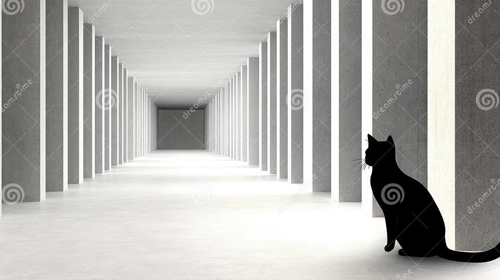 A Black Cat Sitting in a Long Hallway with Columns, AI Stock Image ...