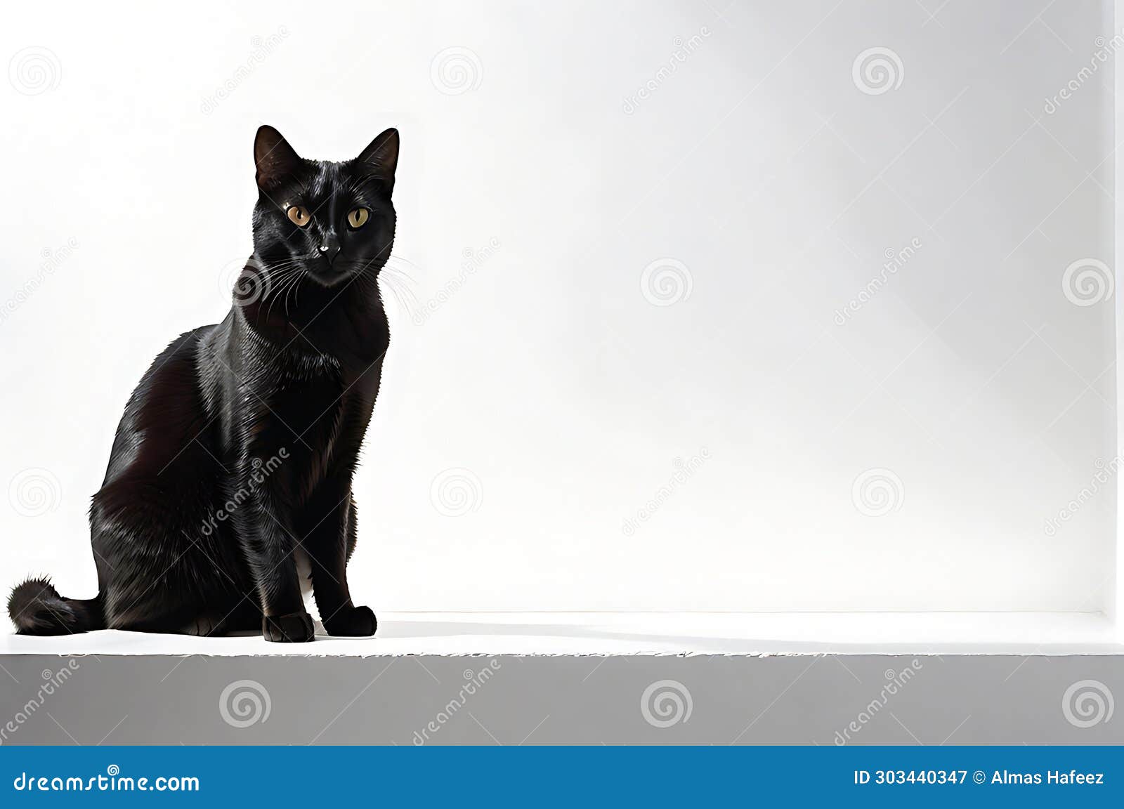 Black Cat Sitting: Paws Neatly Aligned Against a Stark White Background ...
