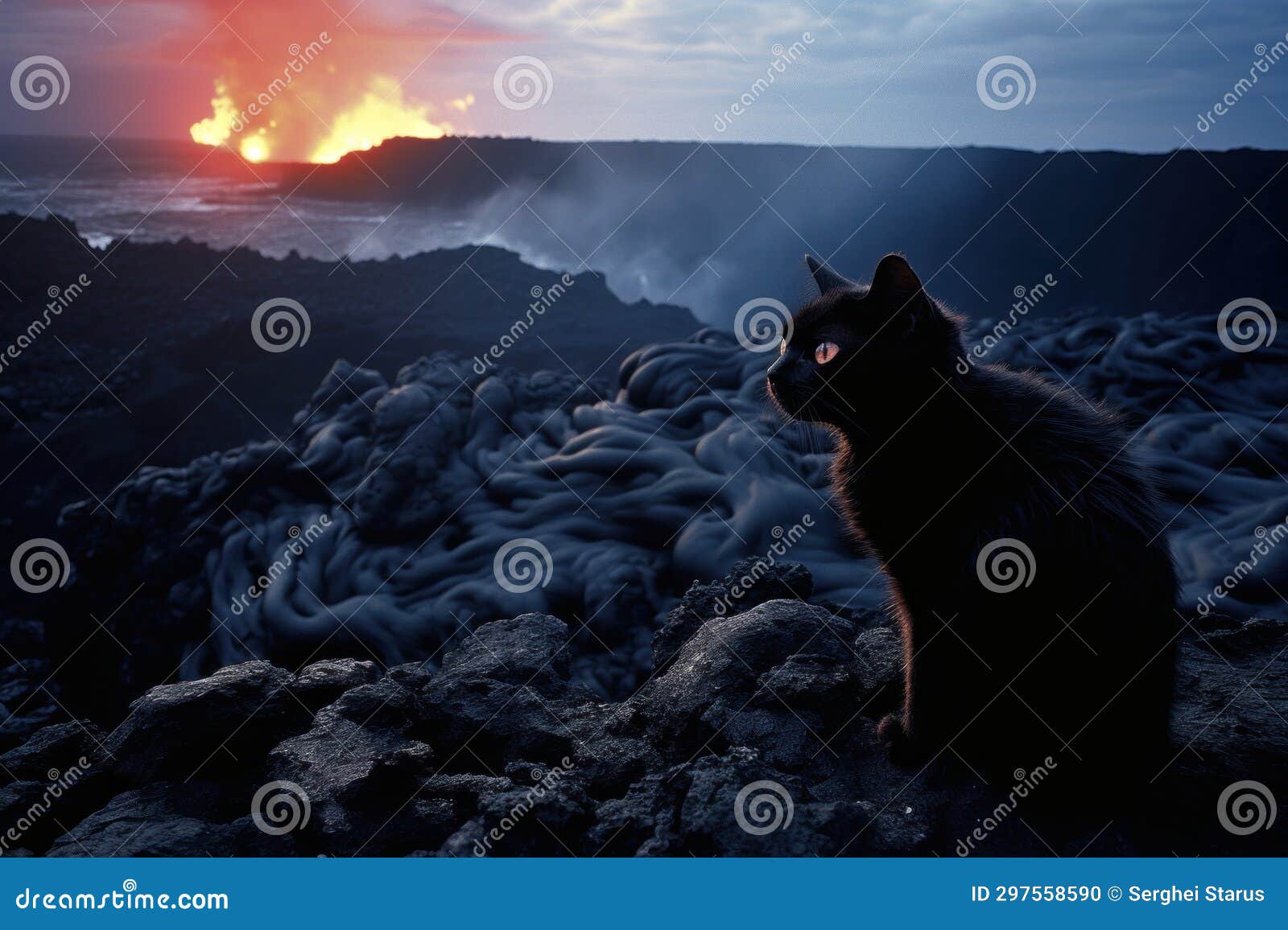 A Black Cat Sitting on the Rocks with Lava in Front of it, AI Stock ...