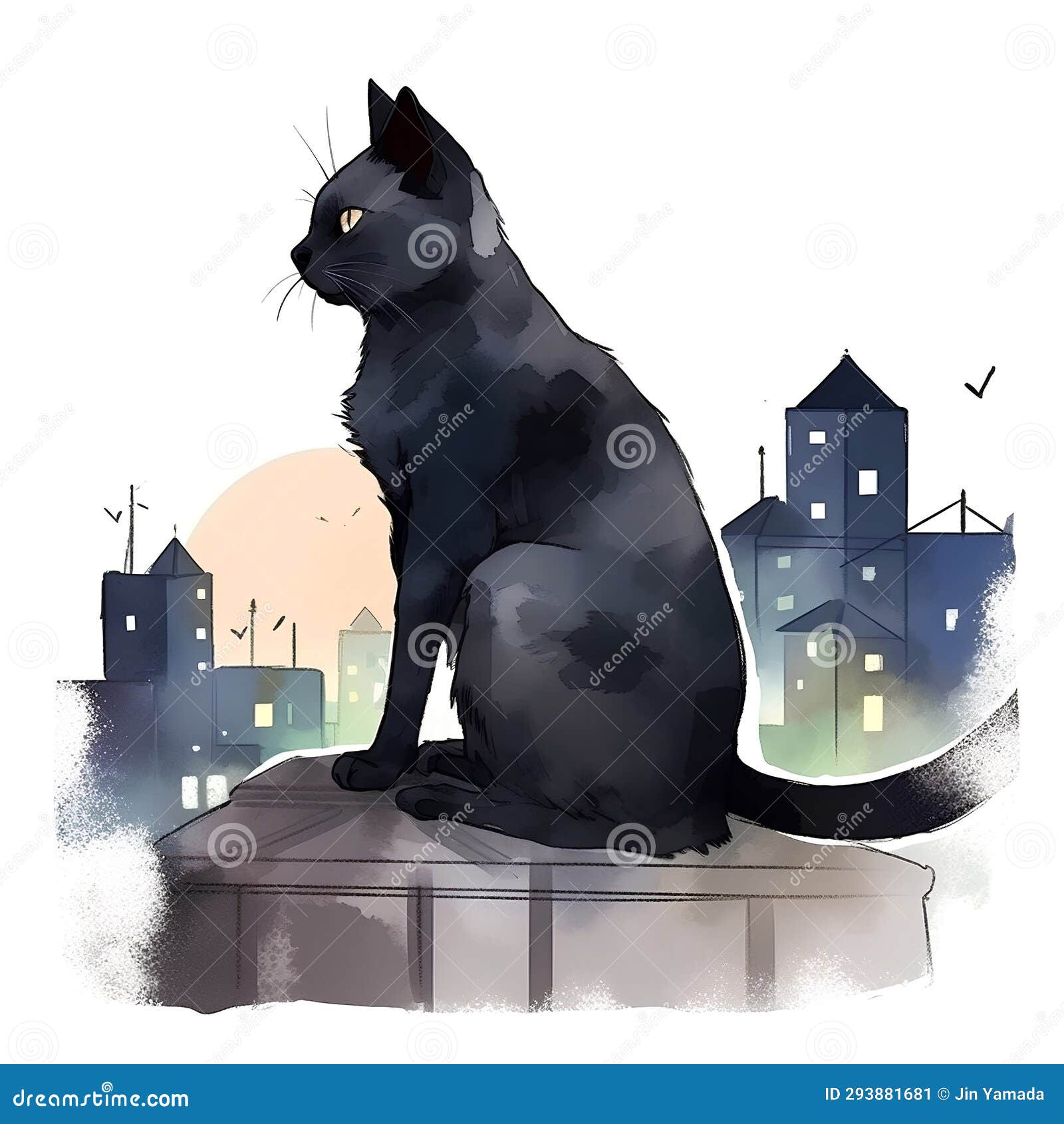 Black Cat Sitting on the Roof of a Building. Vector Illustration Stock ...