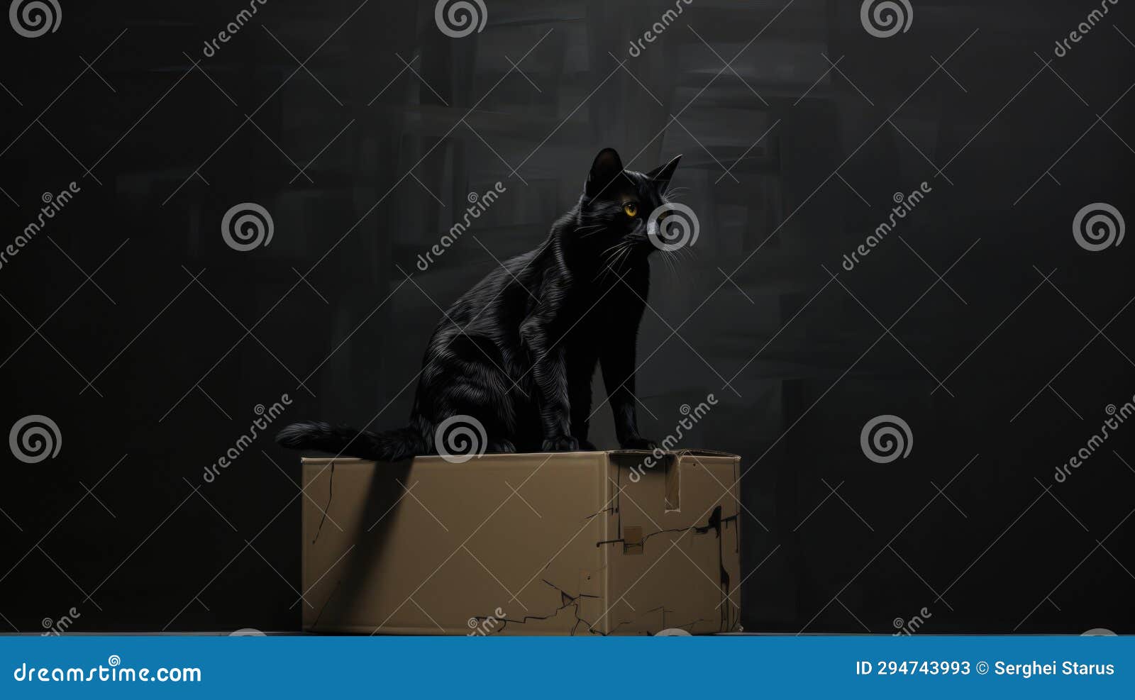 Black Cat Sitting on Top of a Box in a Dark Room, AI Stock Image ...