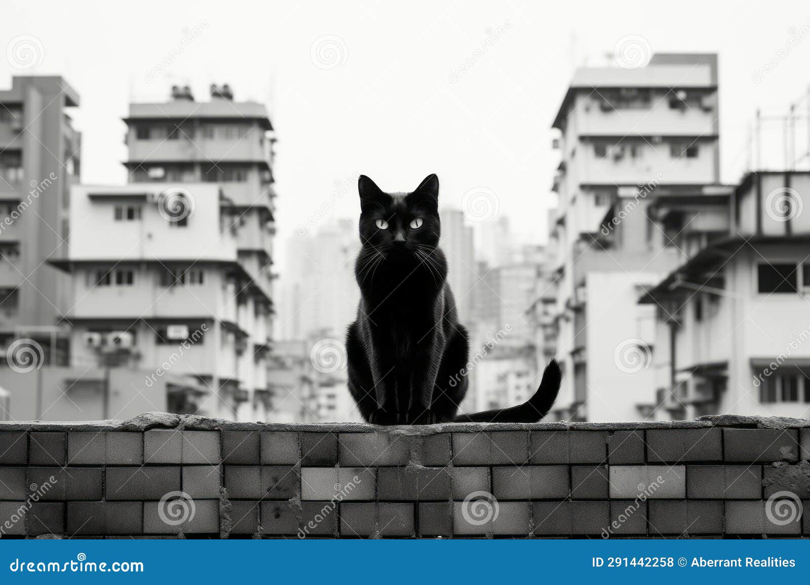 A Black Cat Sitting on Top of a Brick Wall Stock Illustration ...