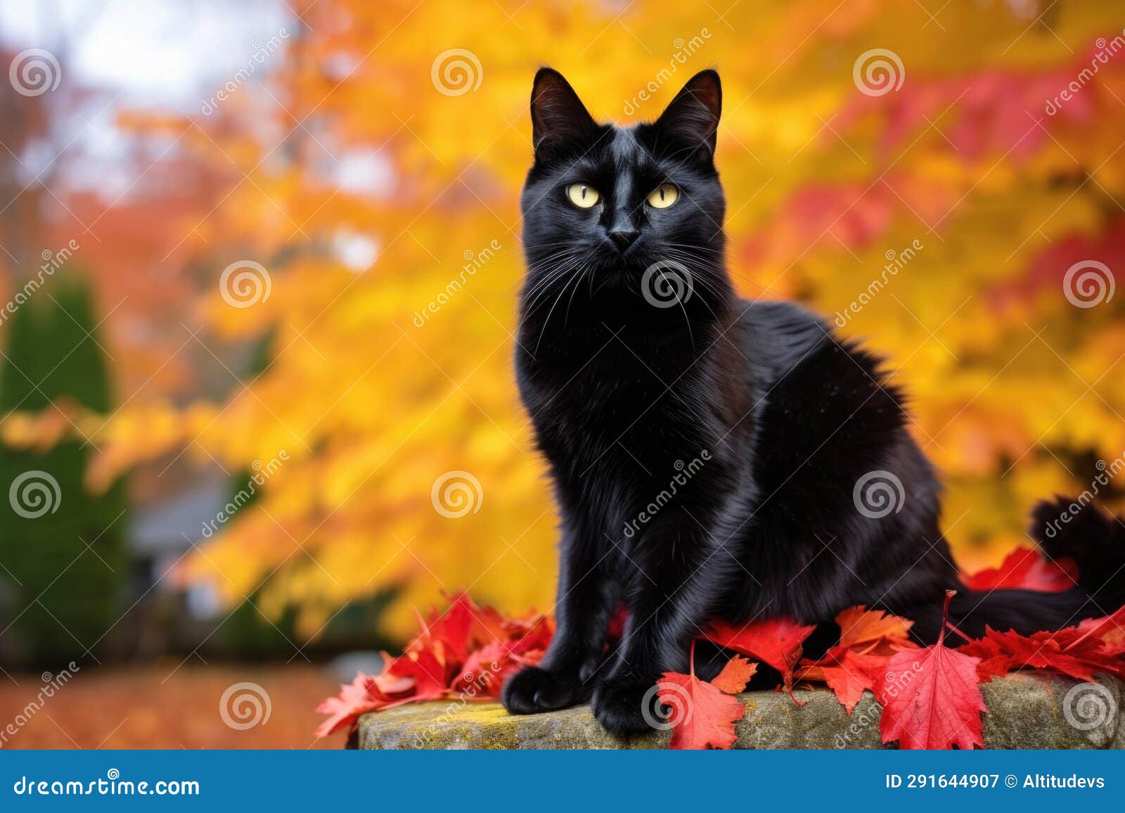 Black Cat Striking a Pose Against a Backdrop of Fall Foliage Stock ...
