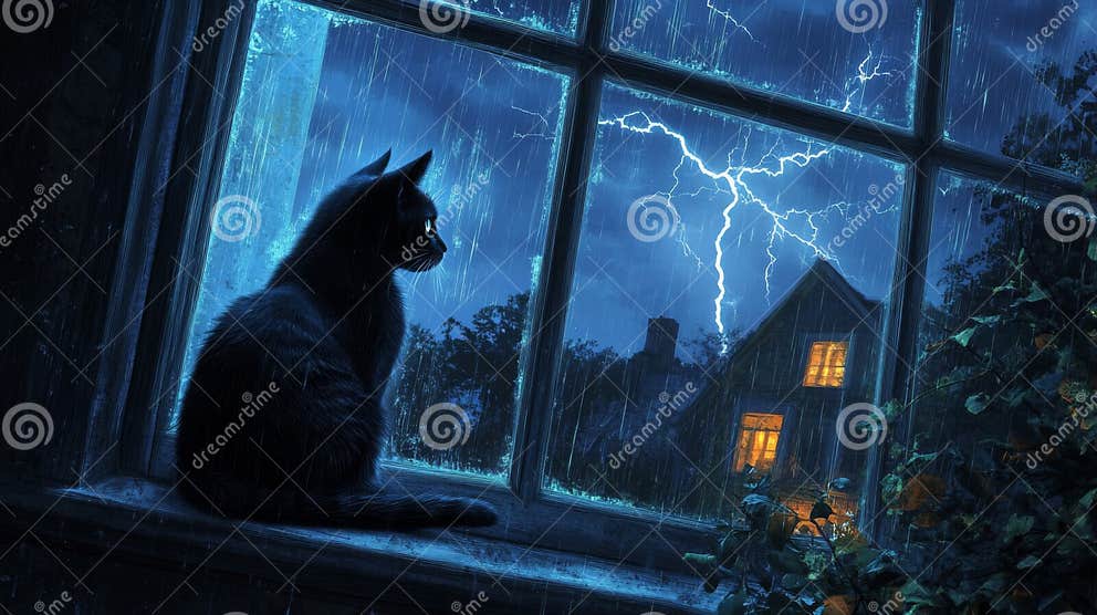 Black Cat Watching Stormy Night through Window Stock Illustration ...
