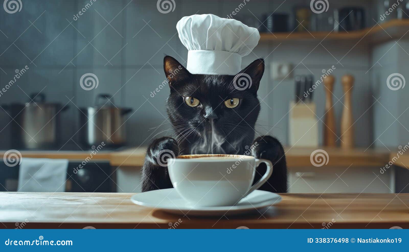 Black Cat Wearing Chef Hat with Coffee Cup in Kitchen Stock Photo ...