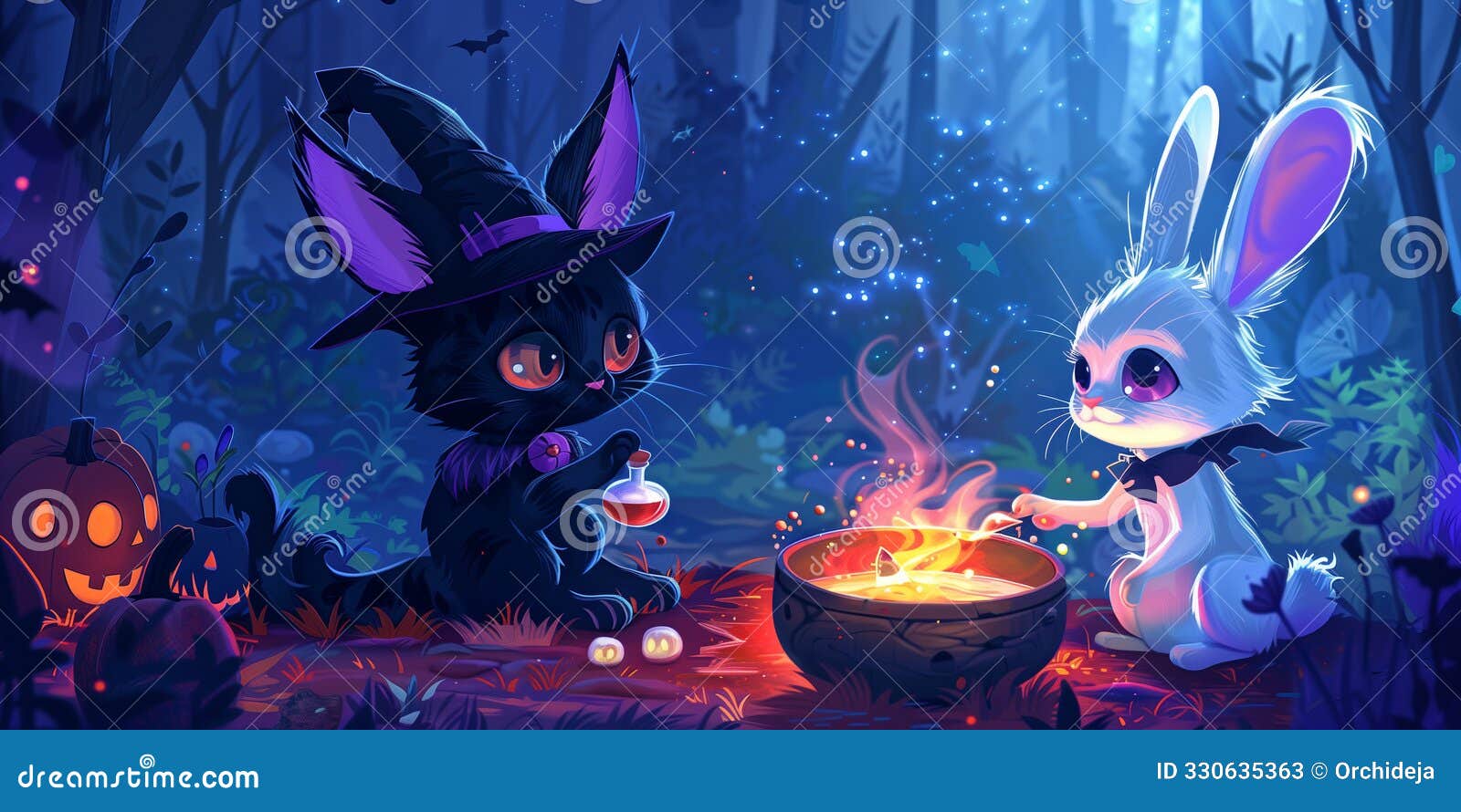 A Black Cat in a Witchs Hat and a White Rabbit Sit by a Campfire in a ...