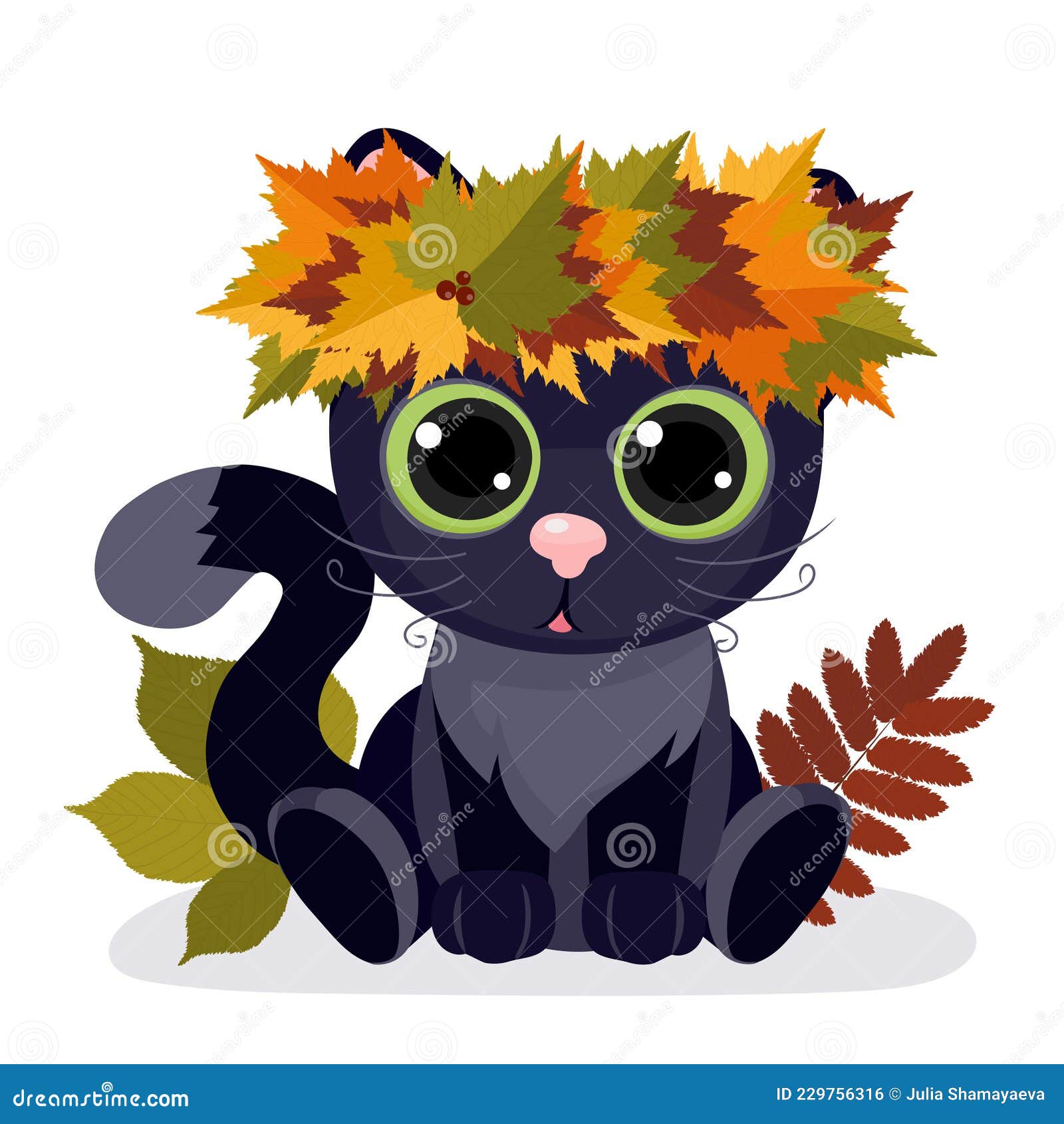 Black Cat in a Wreath of Leaves. Cold Fall Autumn Time Stock Vector ...