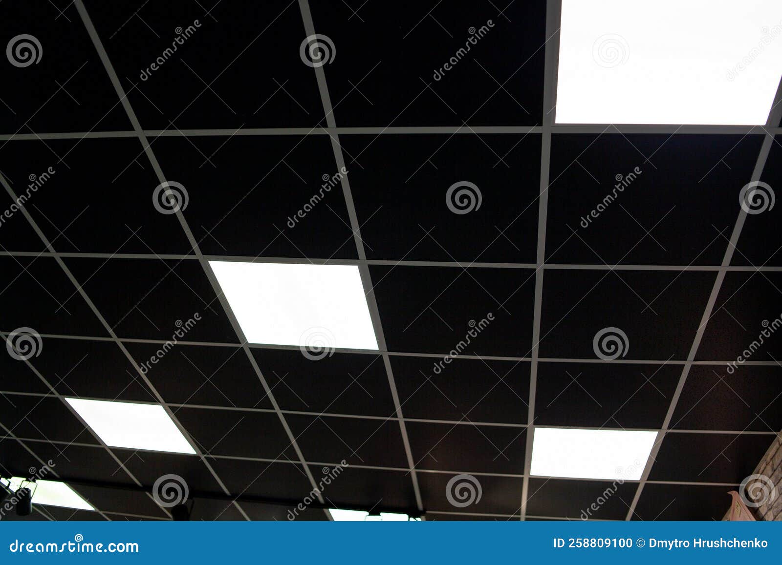 Black Ceiling with Neon Light Bulbs in Uprisen View. Fluorescent Light ...