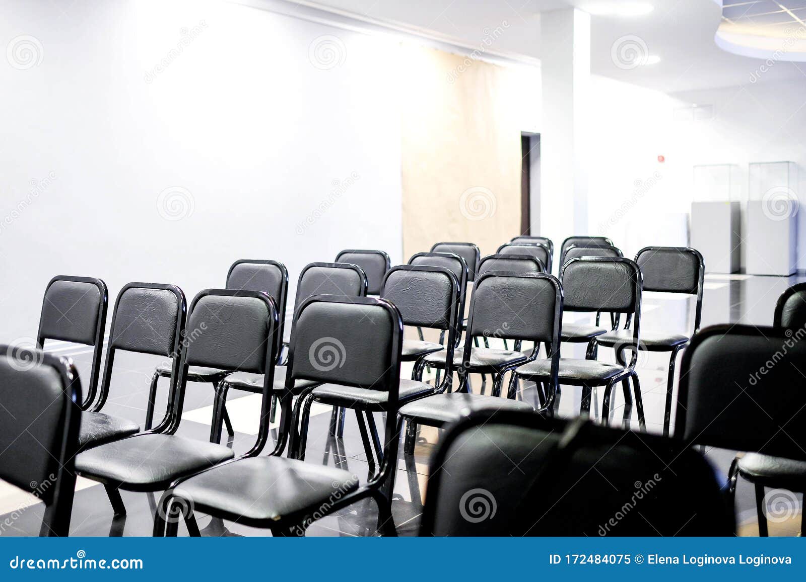 Black Chairs Stand in Even Rows in the Classroom. Room for Lectures ...