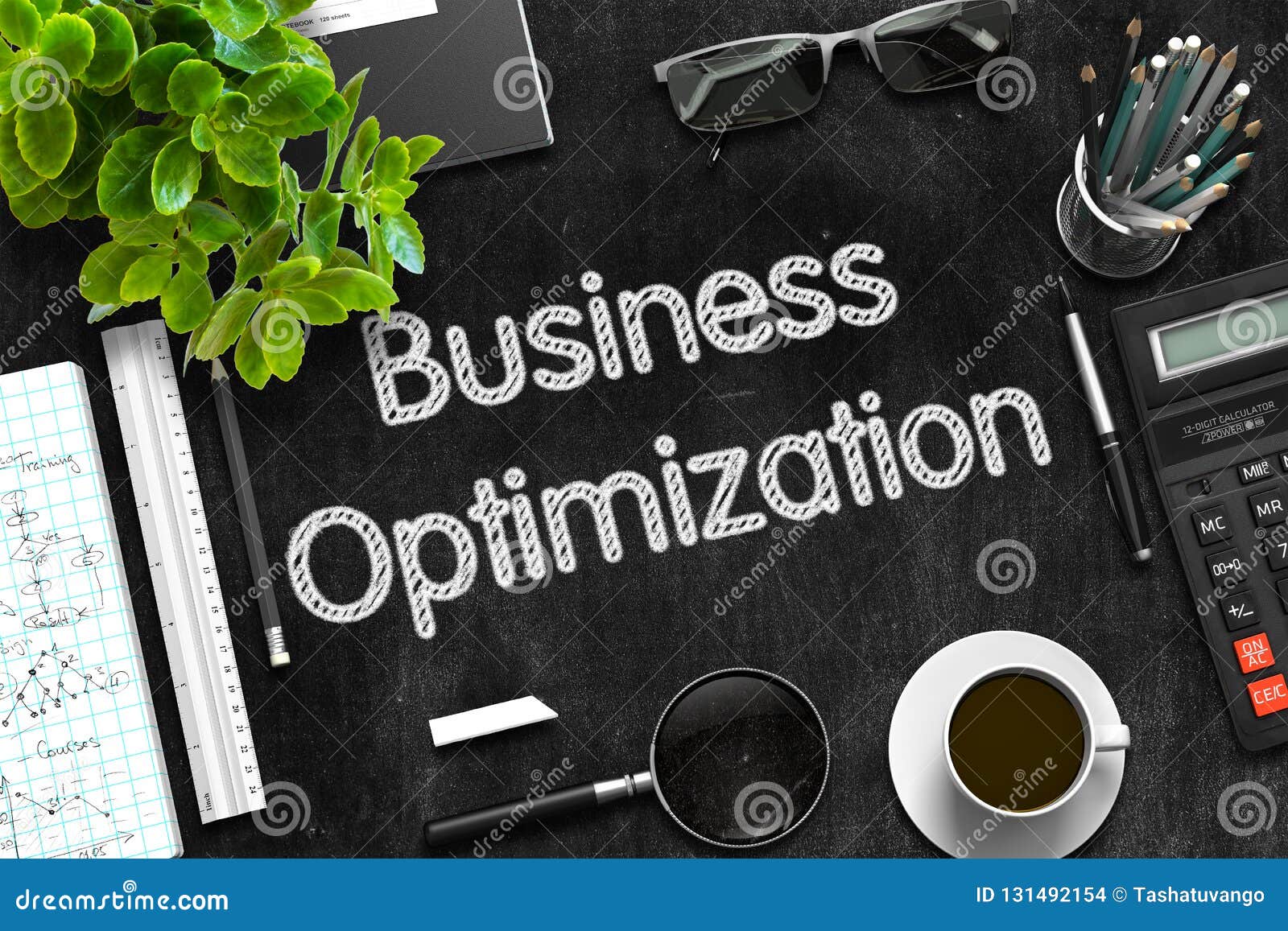 Business Optimization on Black Chalkboard. 3D Rendering. Stock ...