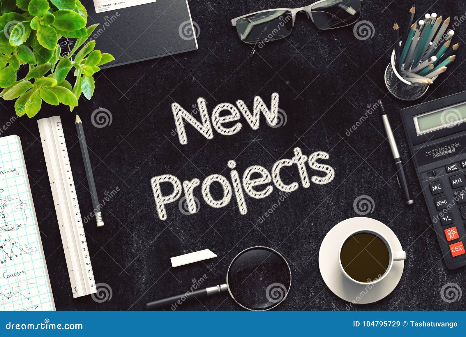 New Projects Text On Black Chalkboard 3d Rendering Stock