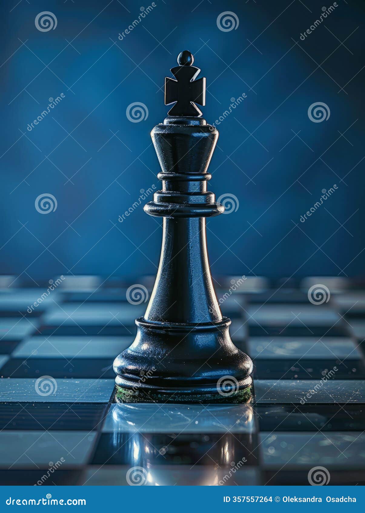 Black Chess King Piece on a Chessboard with a Blue Background. Stock ...