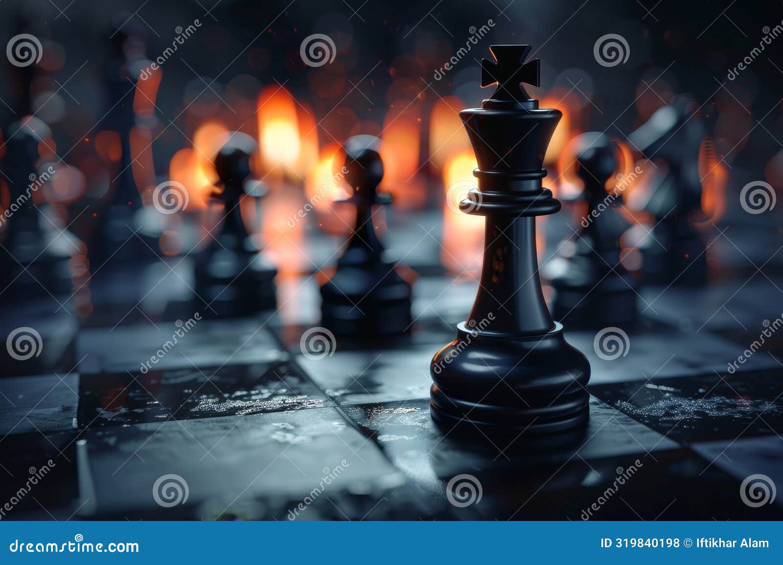 Black Chess Piece on Chess Board with Flames, Generate an Image that ...