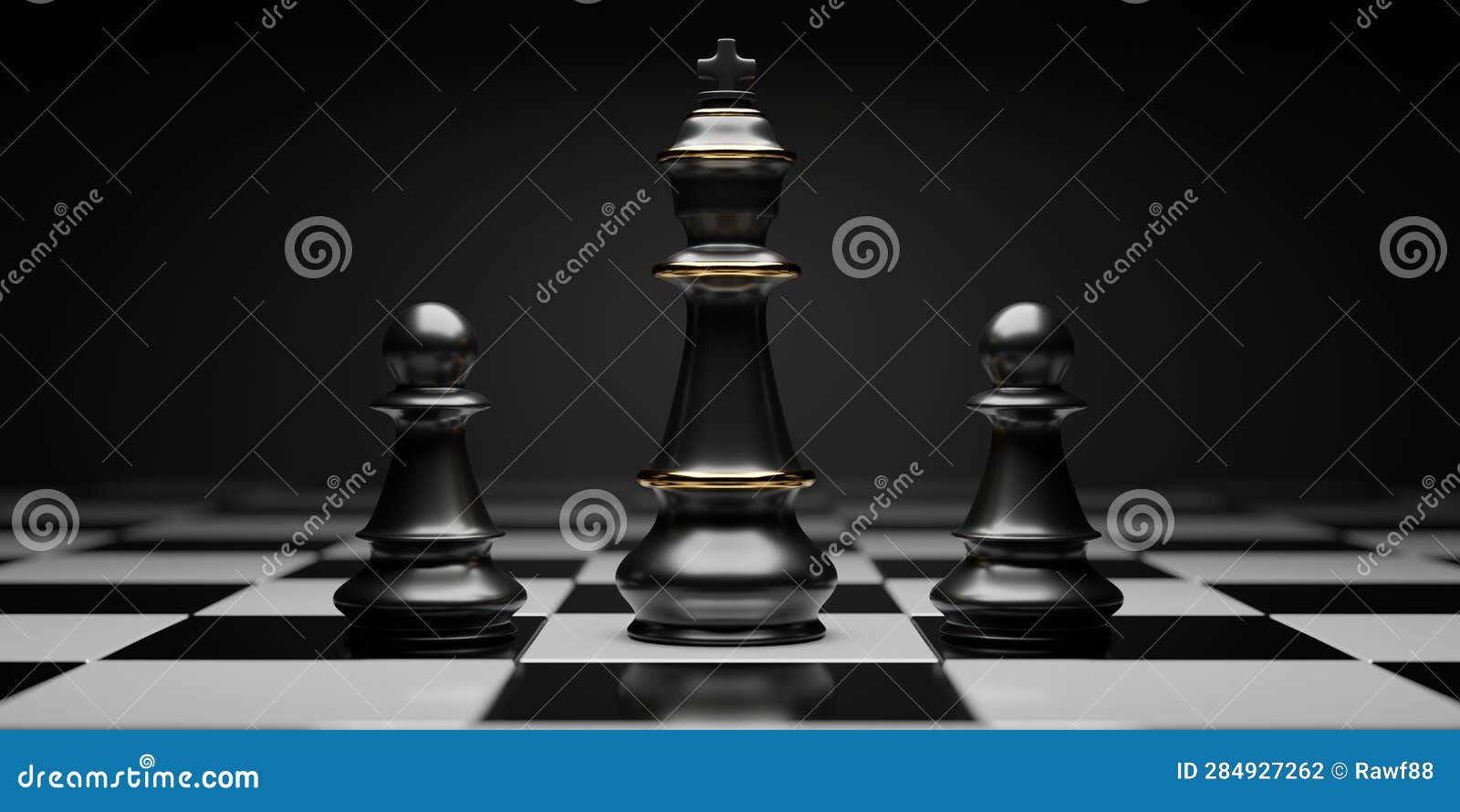 Black Chess Pieces. Chess King and Two Pawns on Chessboard Stock ...
