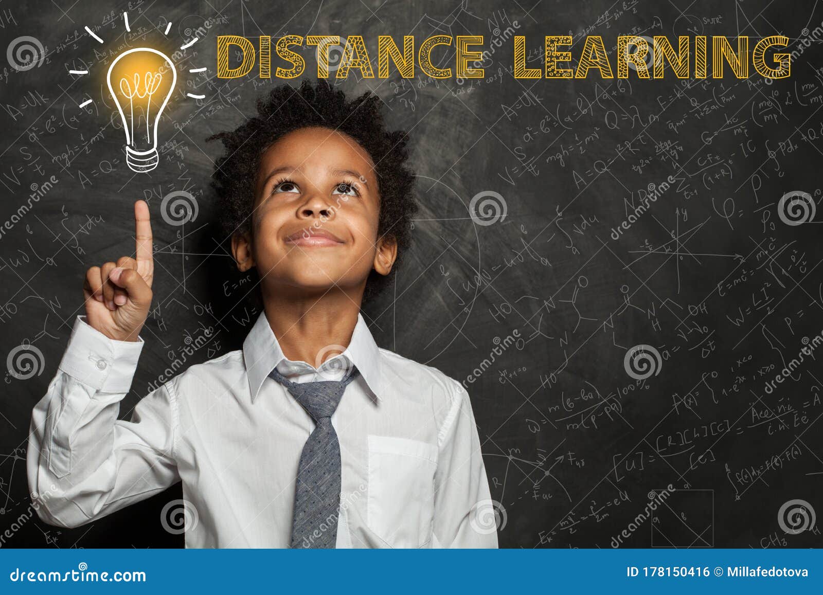 Black Child Boy with Light Bulb, Science Formulas. Distance Learning ...
