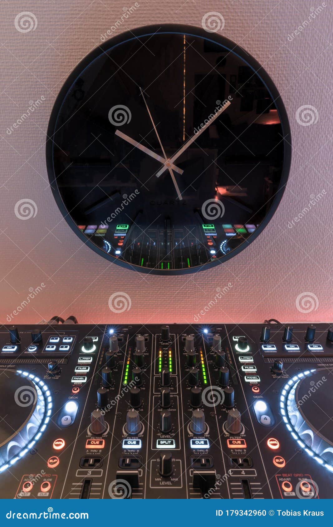 Black Clock DJ Mixing Console Stock Photo - Image of mixer, disc: 179342960