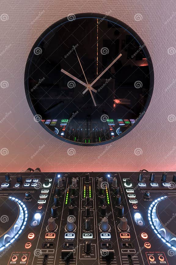 Black Clock DJ Mixing Console Stock Photo - Image of mixer, disc: 179342960