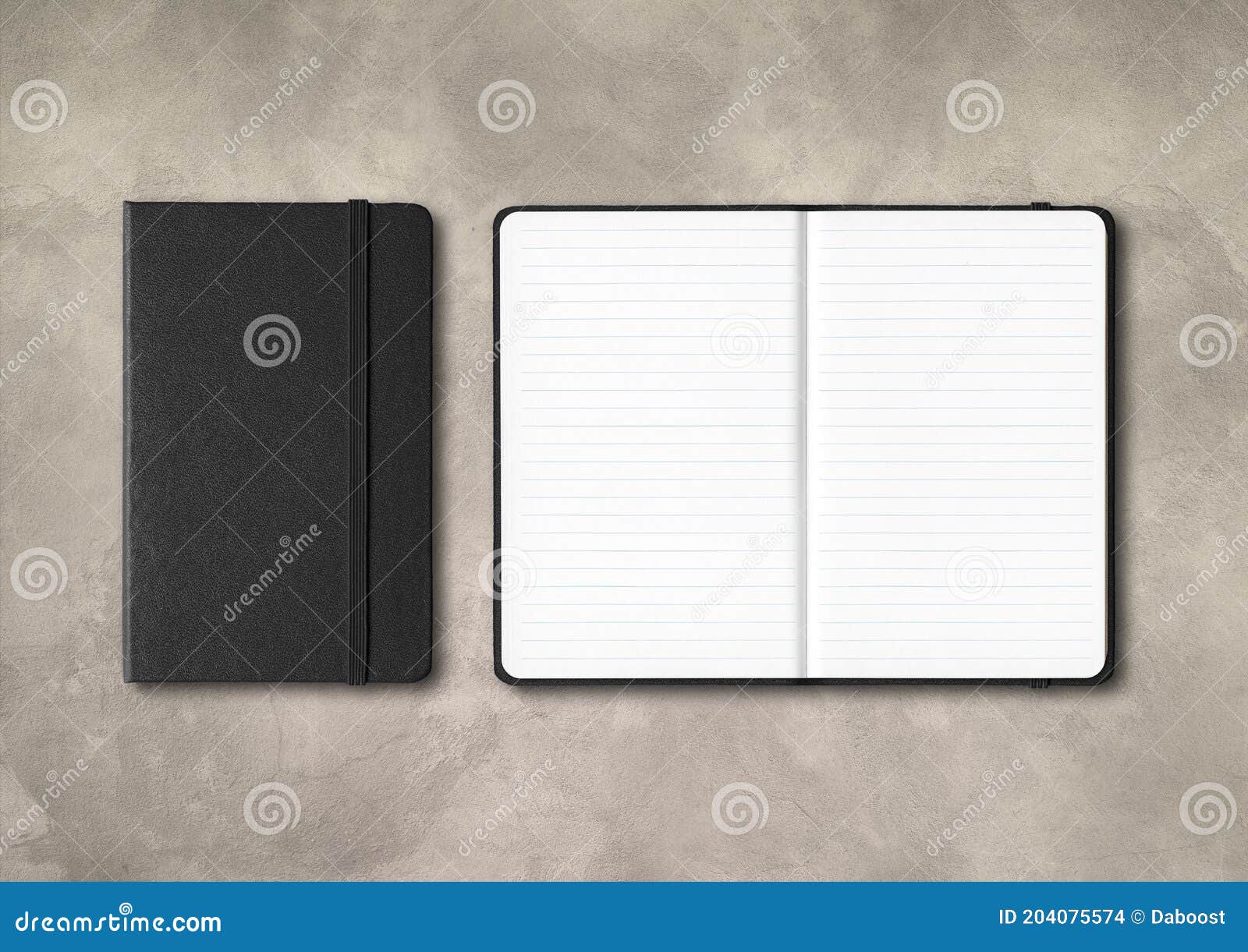 Black Closed and Open Lined Notebooks on Concrete Background Stock ...