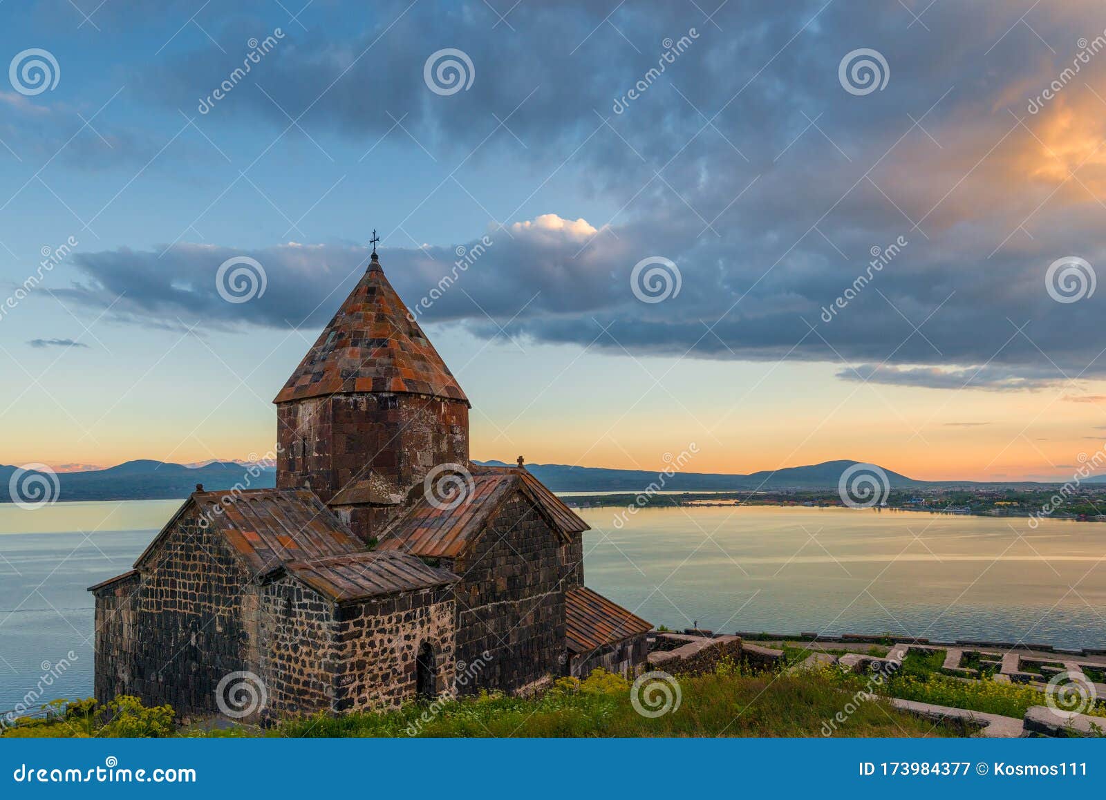 Black Clouds at Sunset, Dramatic Sky, View of Sevanavank Monastery and Lake Sevan Stock Image ...