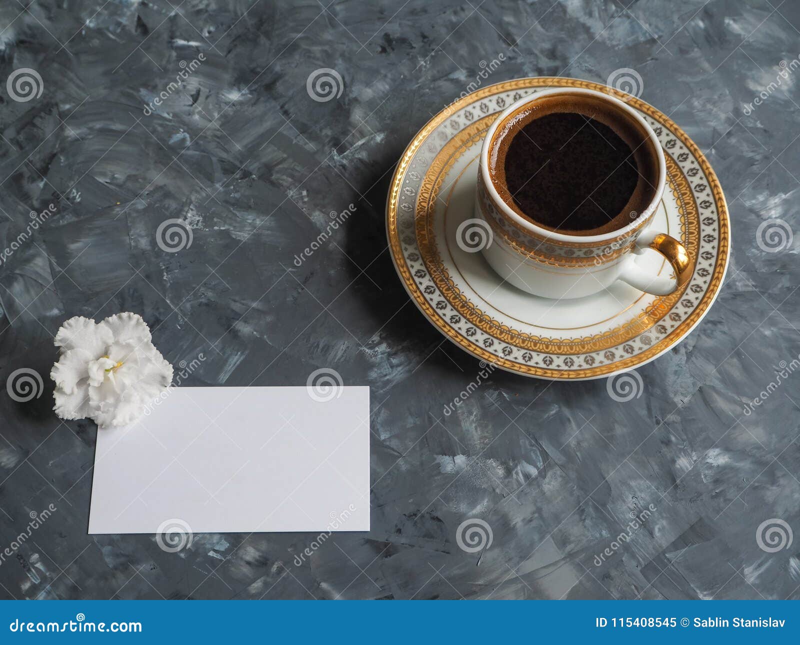 Business Card and Coffee Cup on Gray Background. Stock Image - Image of ...