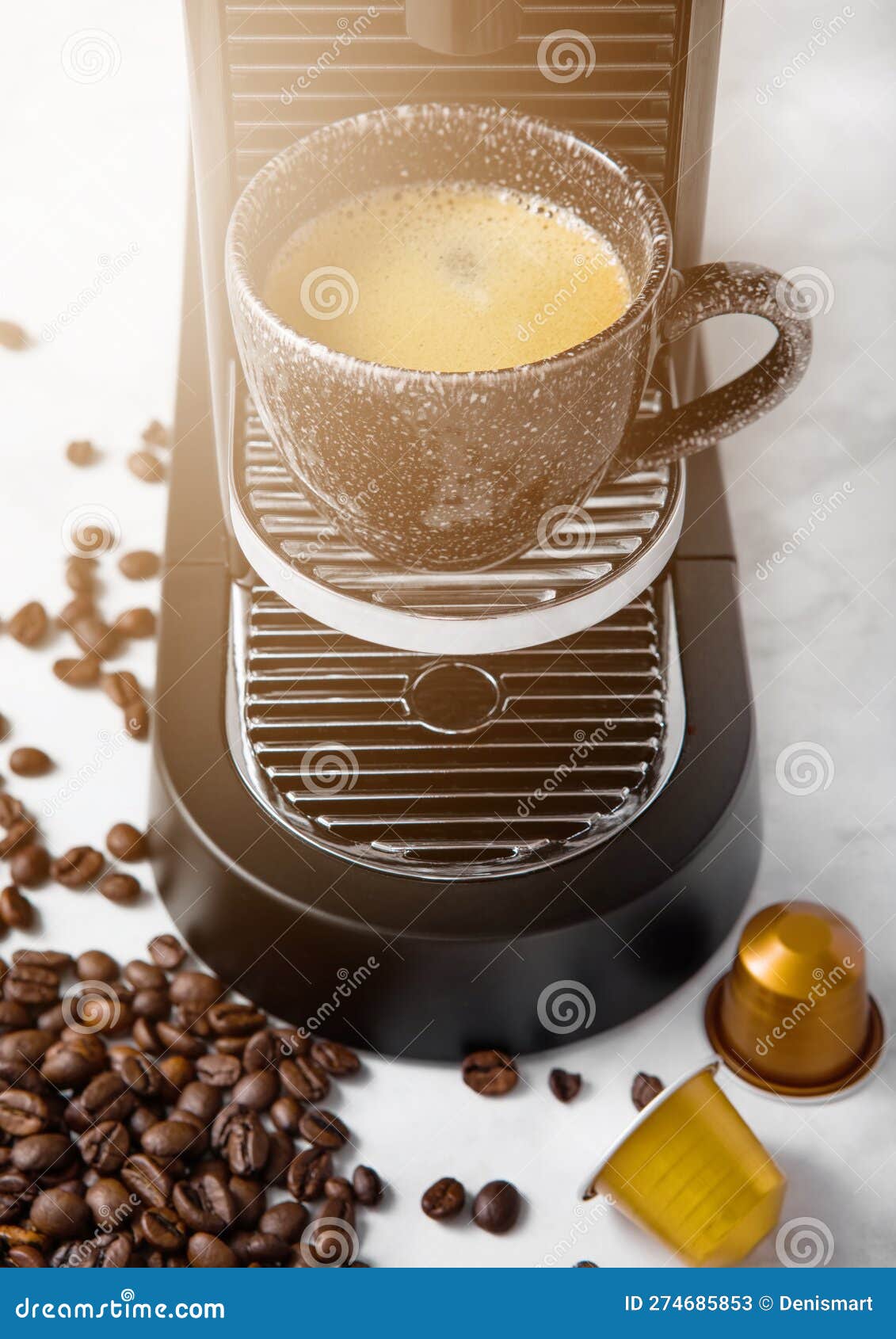 Black Coffee Cup and Home Espresso Machine with Coffee Capsules on ...