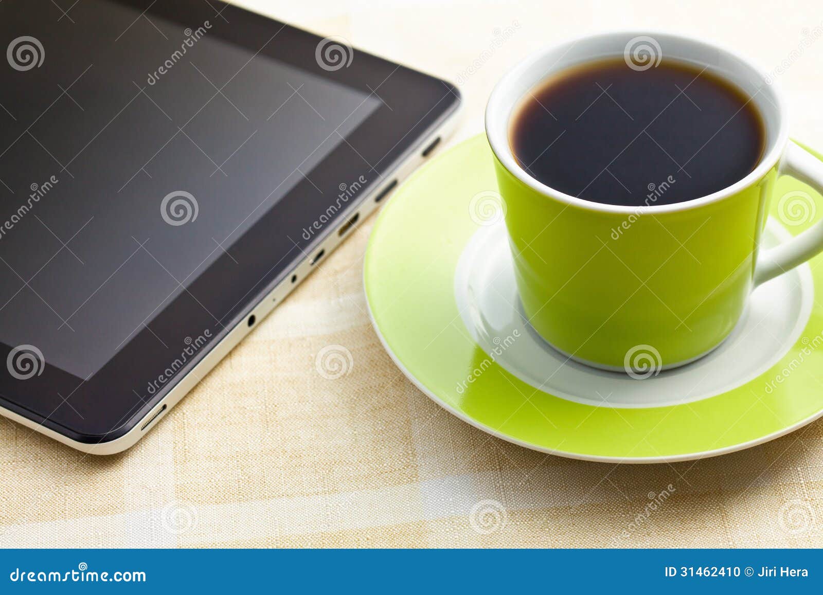 Black Coffee in Green Cup with Computer Tablet Stock Photo - Image of ...