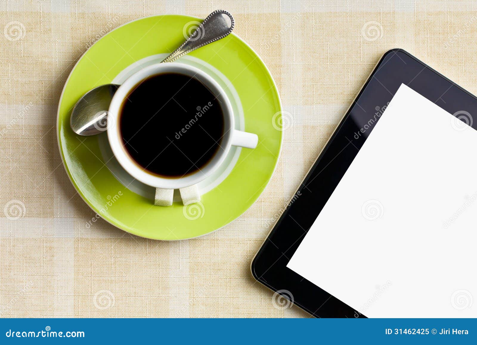 Black Coffee in Green Cup with Computer Tablet Stock Image - Image of ...