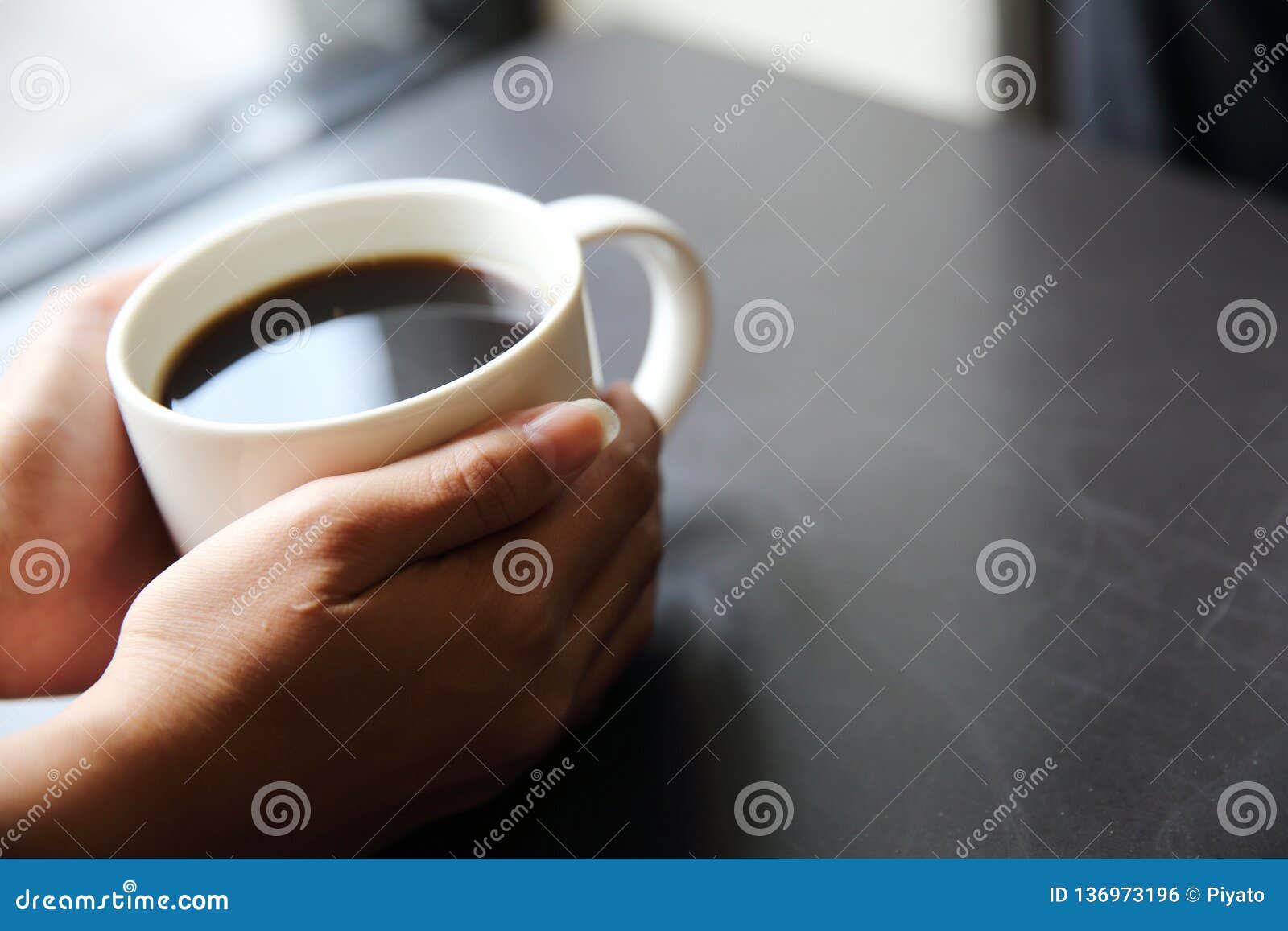 Black Coffee with Hand on Wooden Table Stock Photo - Image of roasted ...