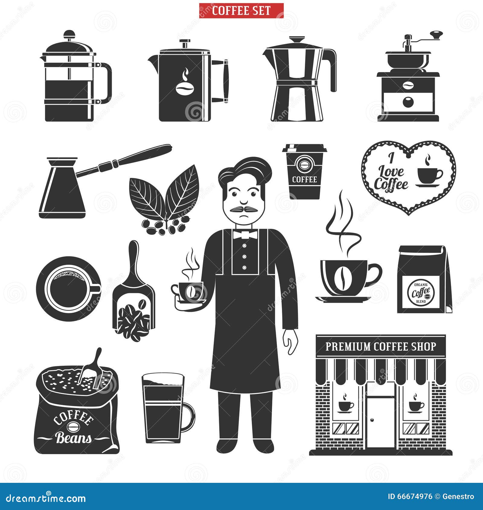 Black Coffee Icons Set stock vector. Illustration of flat - 66674976