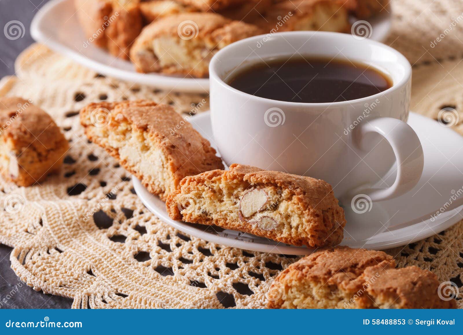 Black Coffee and Italian Cookies Cantuccini Macro. Horizontal Stock ...