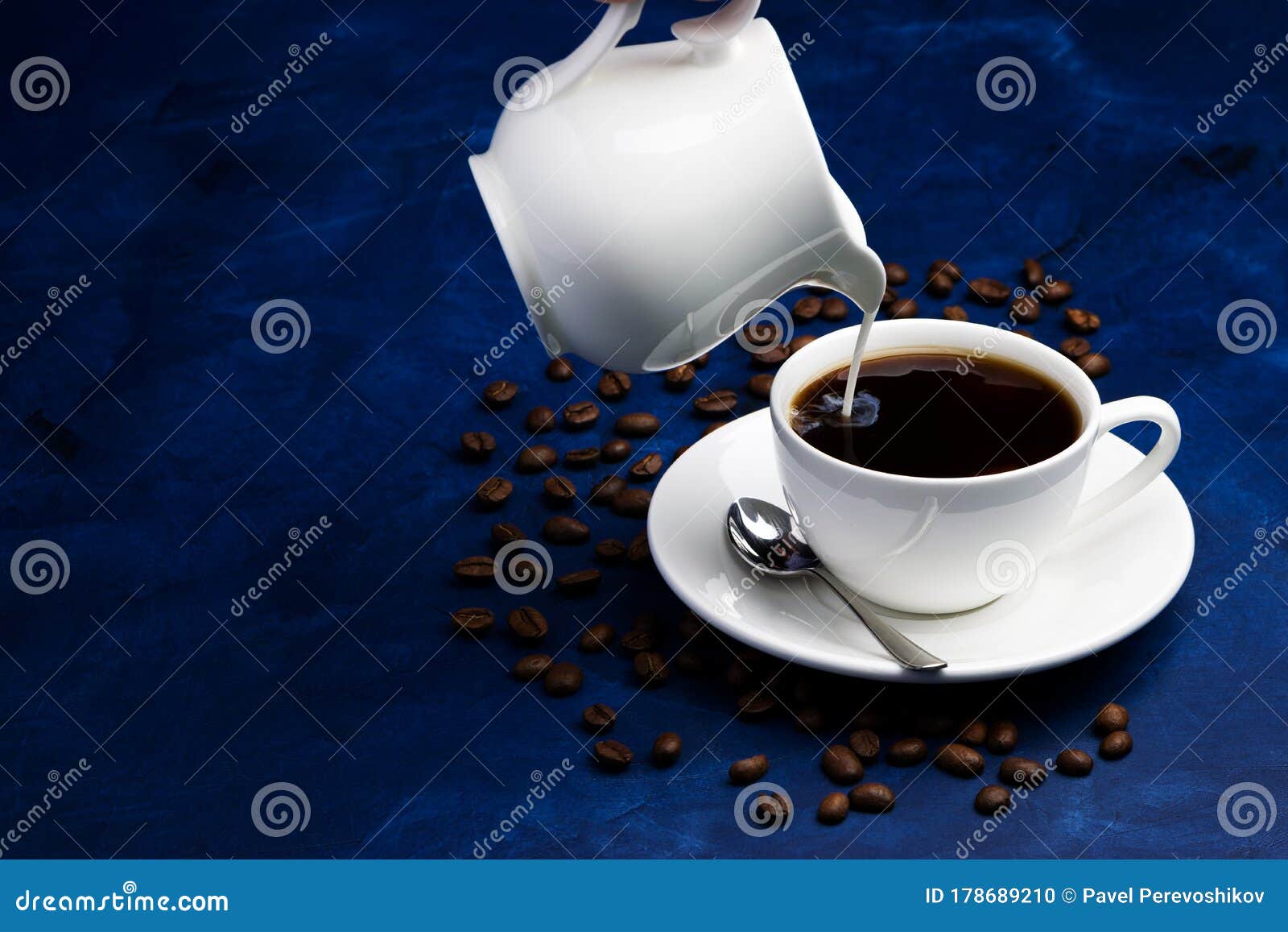 Black Coffee with Milk on a Deep Blue Background Stock Photo - Image of ...