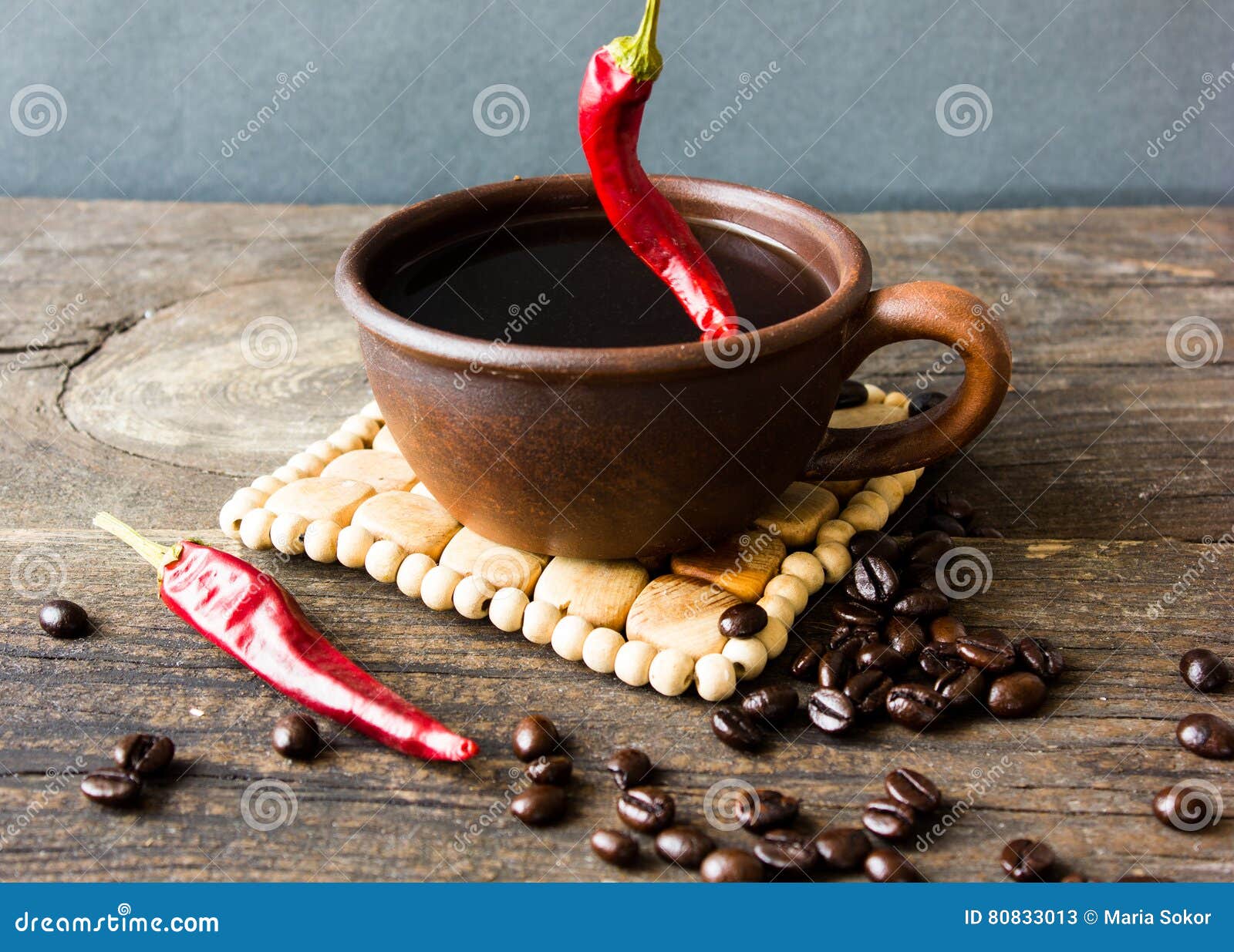 Black Coffee with Pepper Spicy. Wooden Background. Stock Image - Image ...