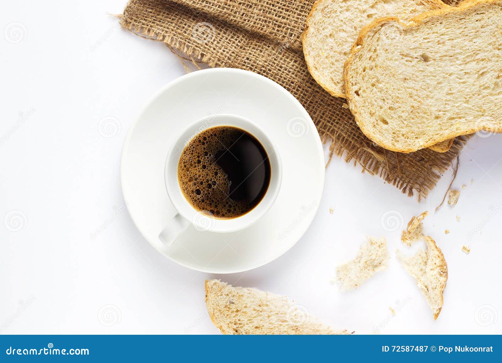 Black Coffee and Whole Wheat Bread for Breakfast on White Background ...