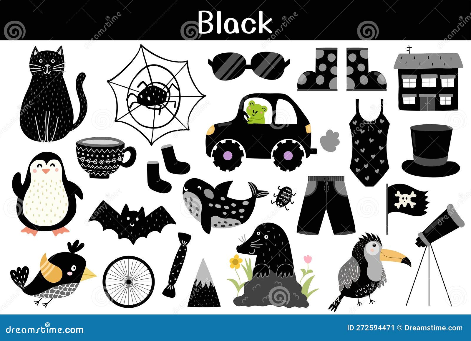 Black Color Objects Set. Learning Colors for Kids Stock Vector ...