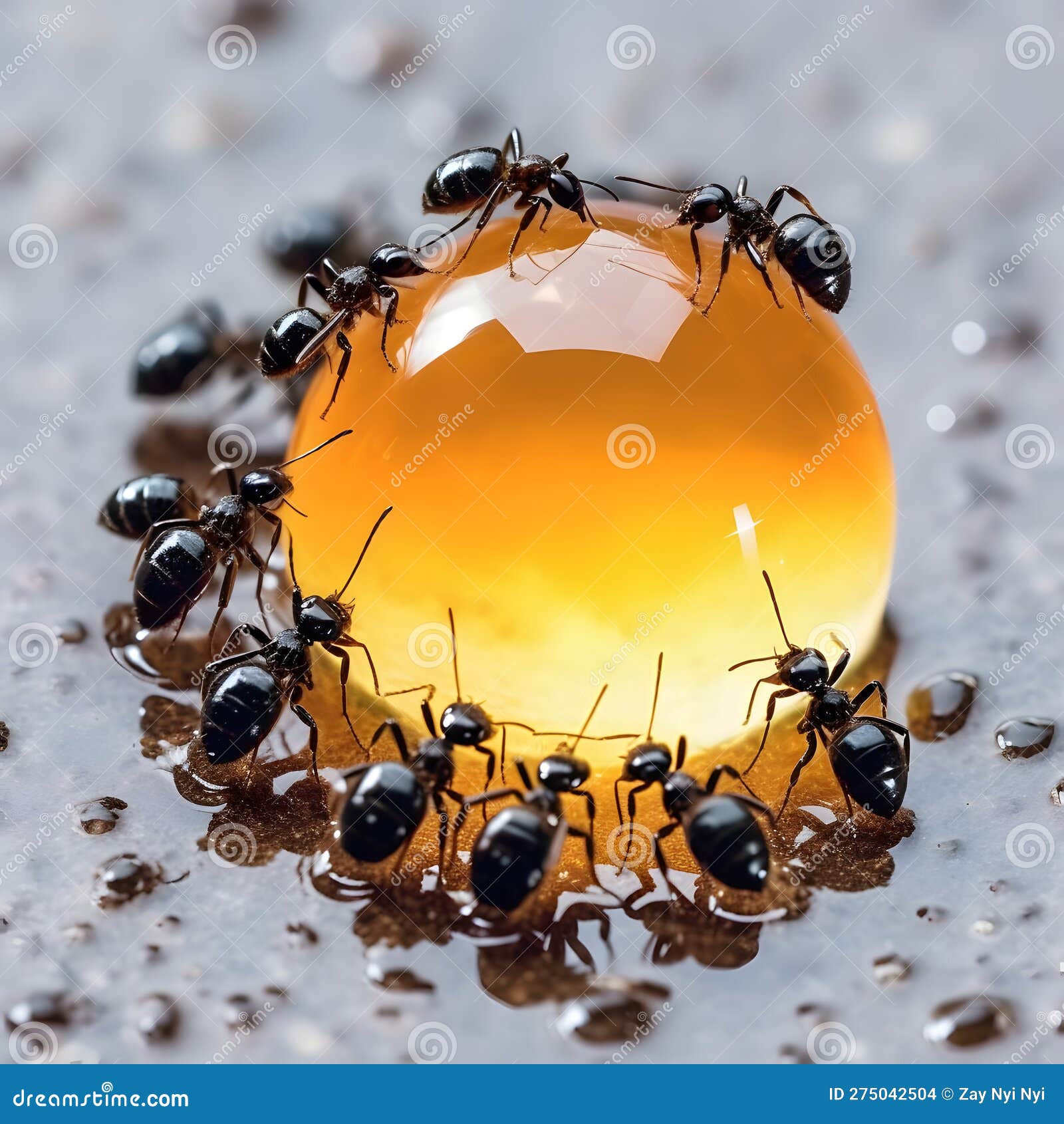 Black Ants Eating Honey Drop. Concept of Teamwork or Hardworking or ...