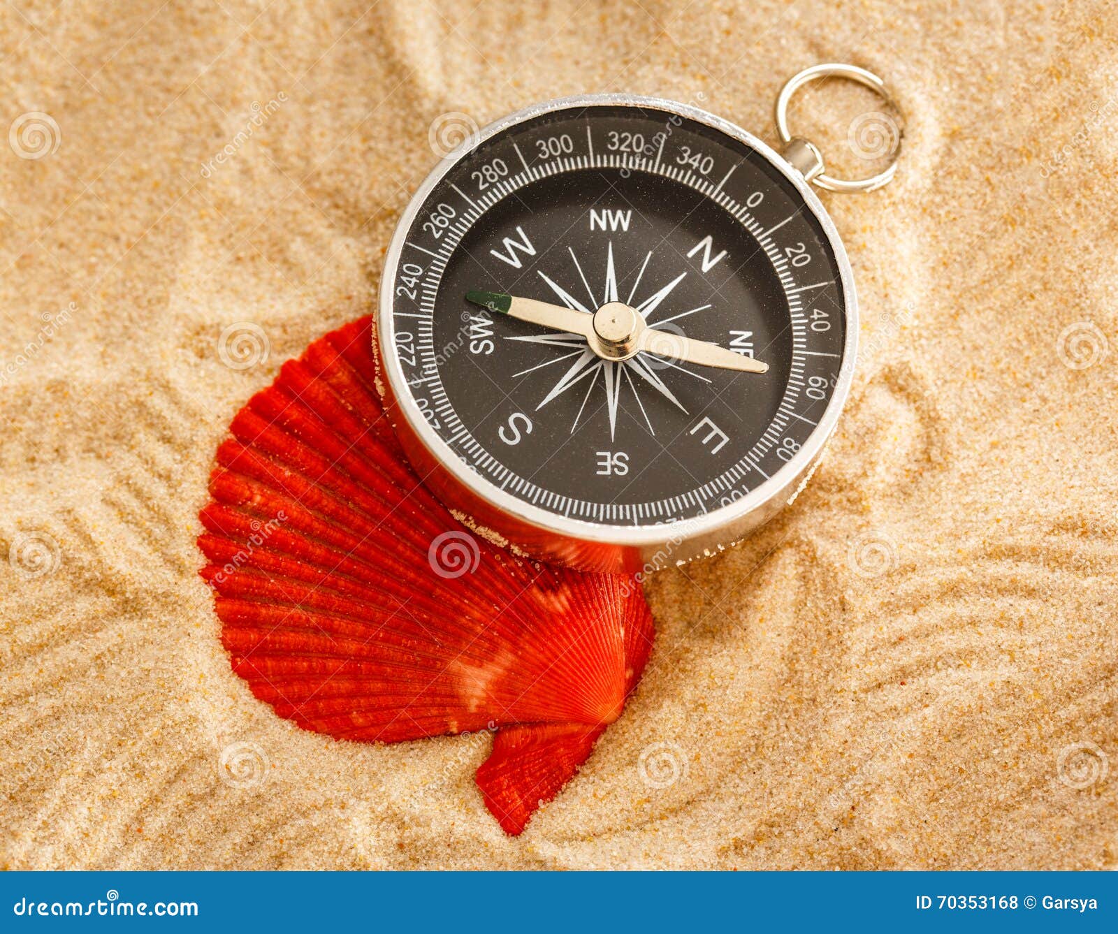 Black Compass and Sea Shell in Sand Stock Photo - Image of form ...