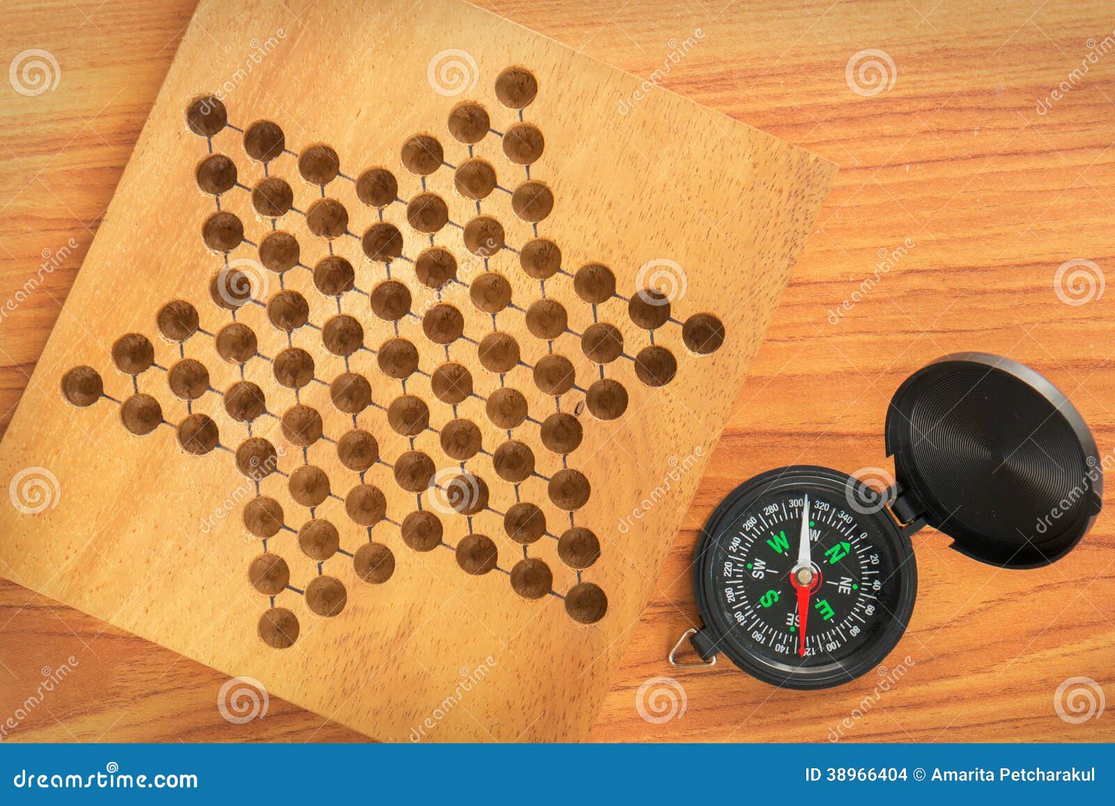 Black Compass with Star Pattern on Wooden Plate Stock Photo - Image of ...