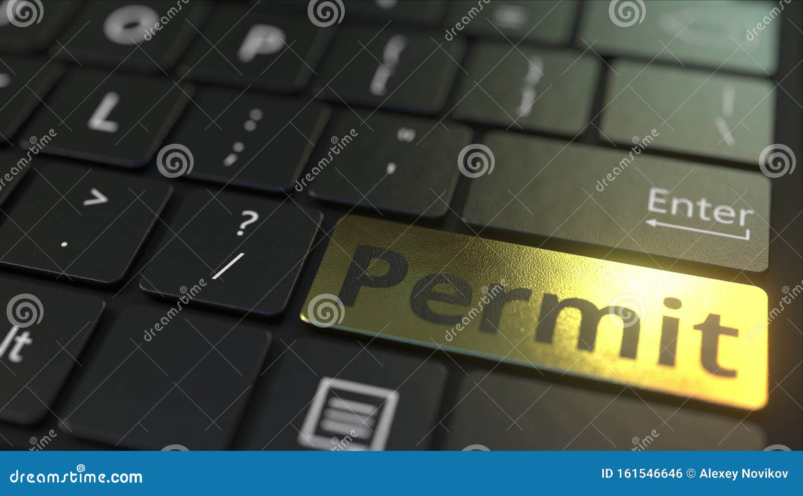 Black Computer Keyboard and Gold Permit Key. Conceptual 3D Rendering ...