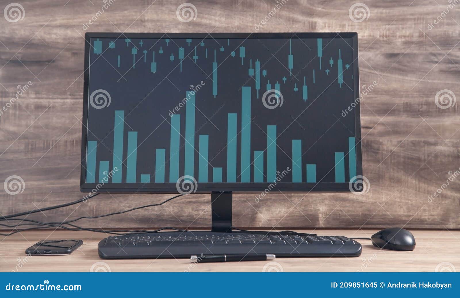 Black Computer with Keyboard and Mouse on the Table. Graphs and Charts ...