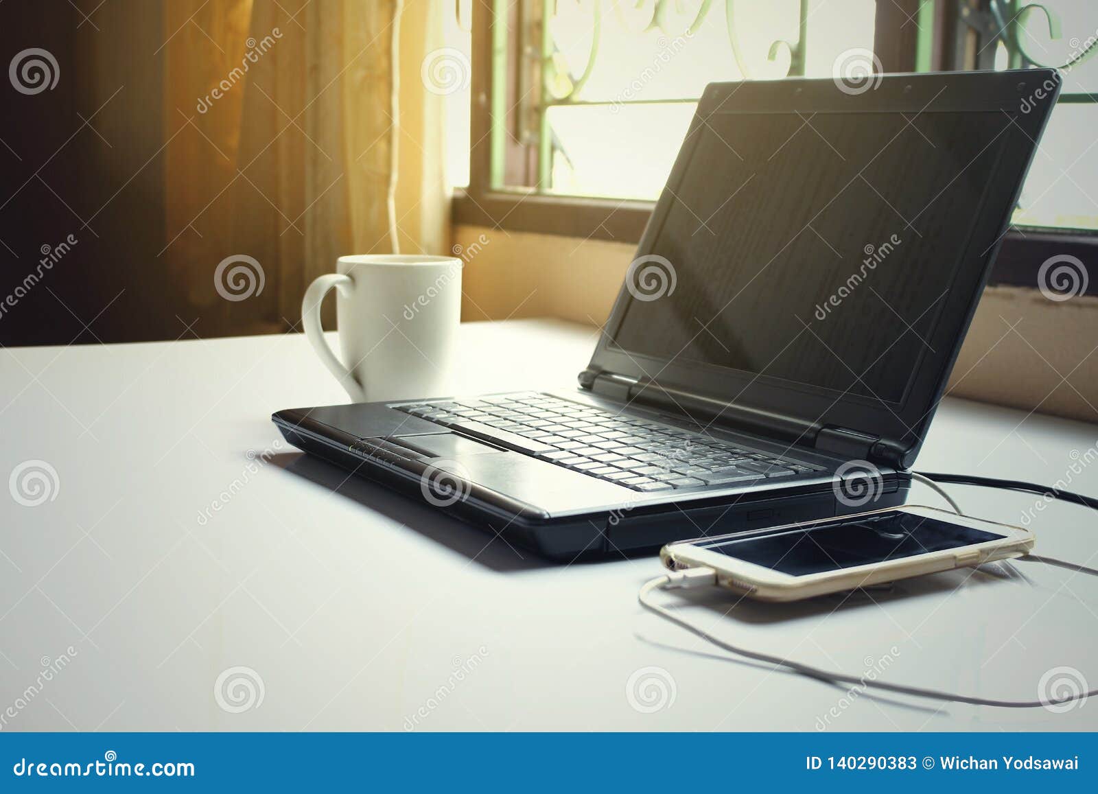 Black Computer Laptop Notebook Pc on Working Table with White Coffee ...