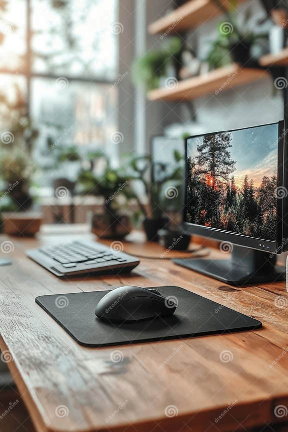 Black Computer Mouse on the Table in Front of the Computer Stock Image ...