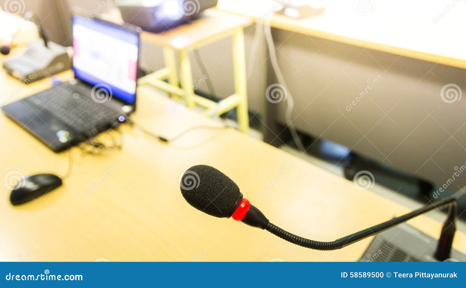 Black Conference Microphone and Computer Used for Meetings and T Stock ...