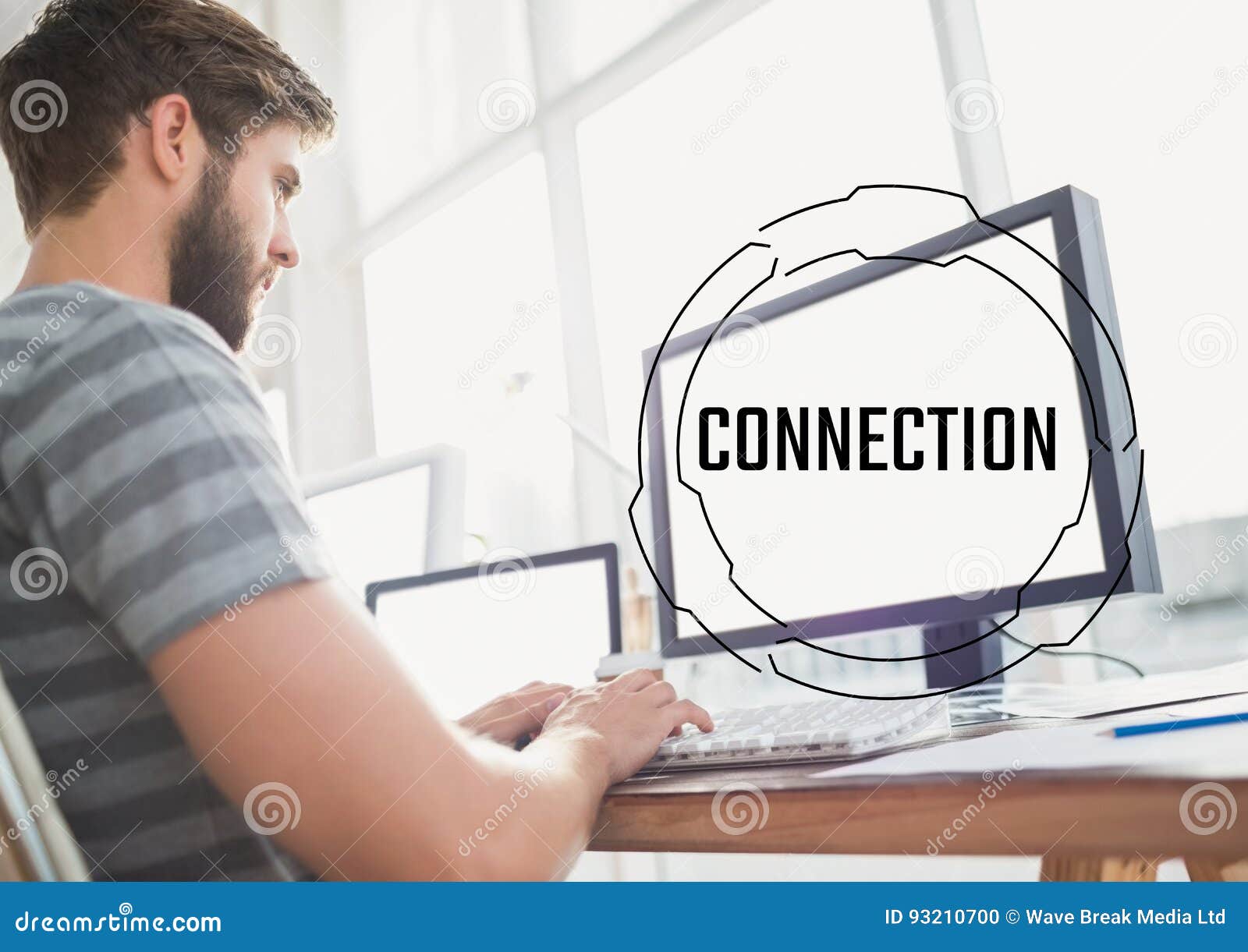 Black Connection Text and Graphic Against Man at Computer Stock Photo ...