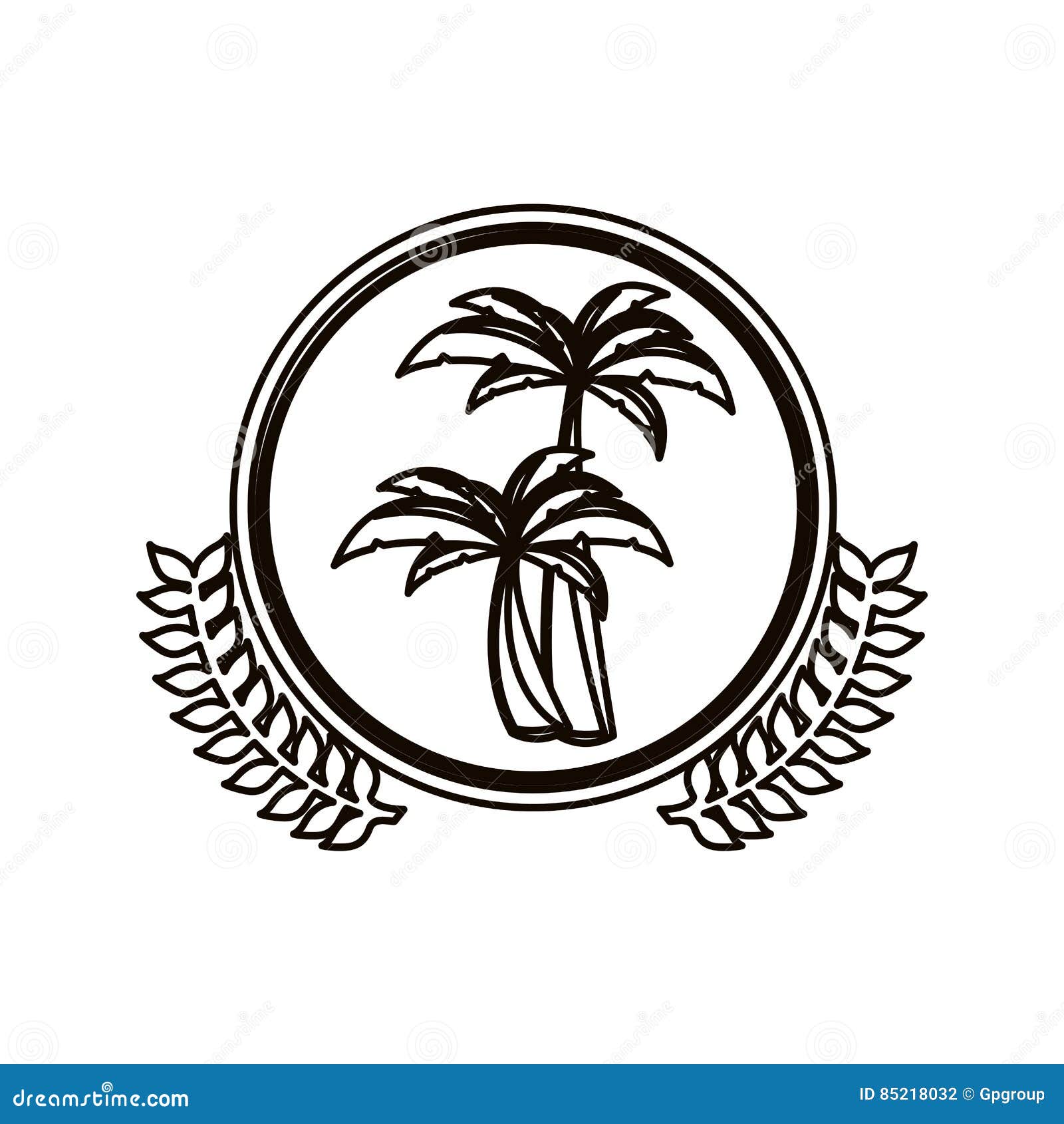 Black Contour Circle with Decorative Olive Branch and Palm Tree Stock ...