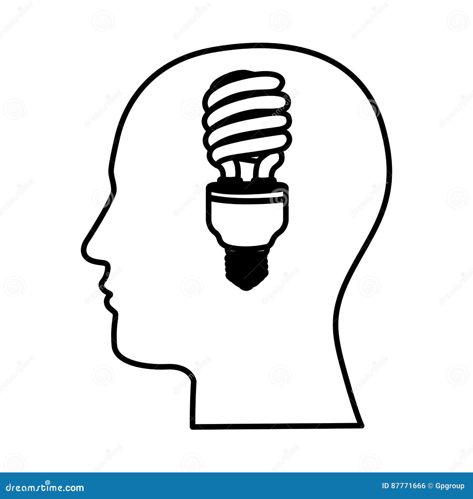 Black Contour Human Face with Fluorescent Bulb in Mind Stock ...