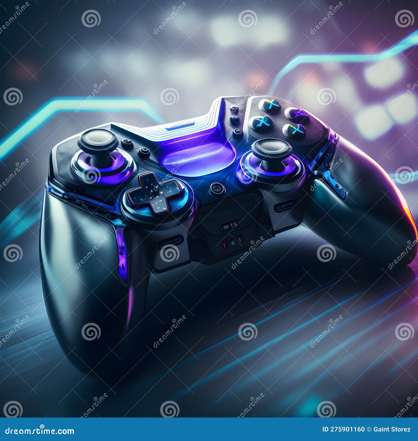A Black Controller with Blue and Purple Lights is in Front of a Neon ...