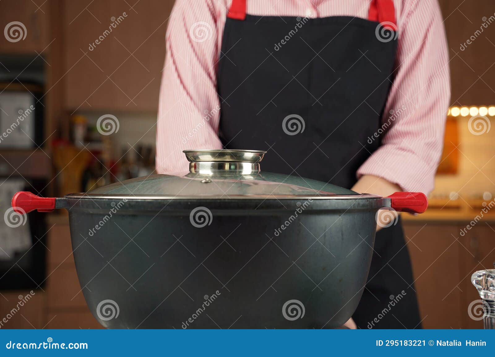 Black Cooking Pot with a Lid on Electric Hob with Boiling Water Stock ...
