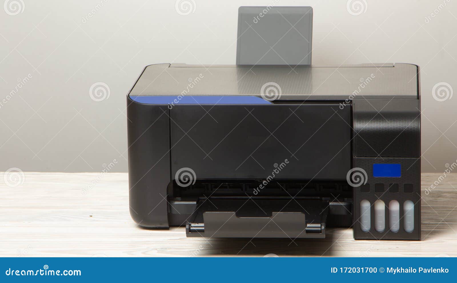 Black Copier on White Wooden Table, Closeup. Stock Photo - Image of ...