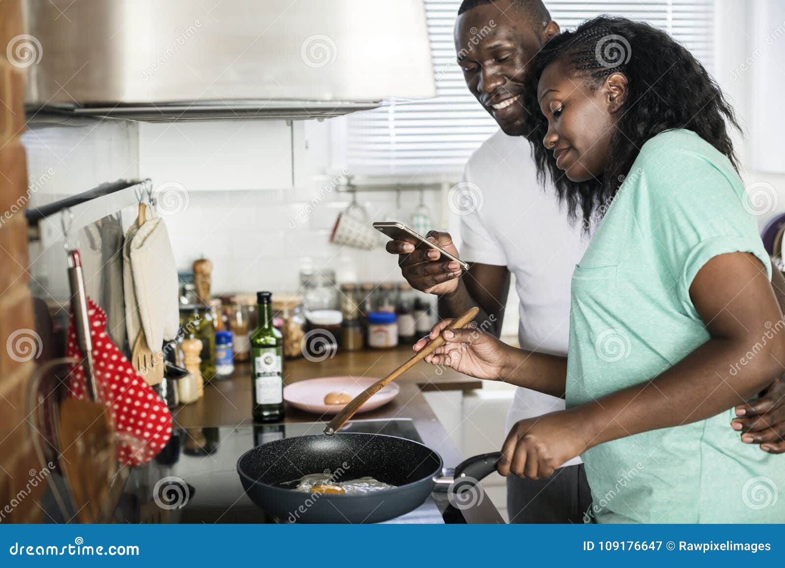 Black Couple Cooking Fried Eggs in the Kitchen Stock Image - Image of ...