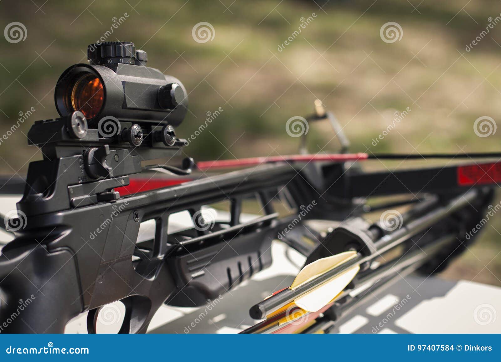 Black Crossbow with an Optical Sight and Colored Arrows Stock Photo ...